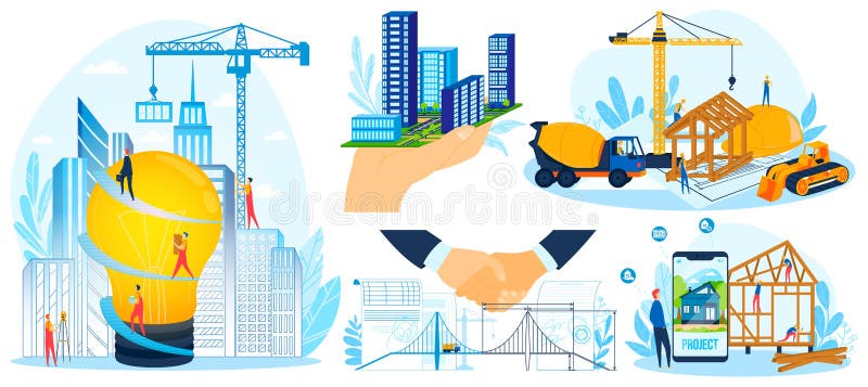 Building Construction Project Design Vector Illustration Set, Cartoon ...