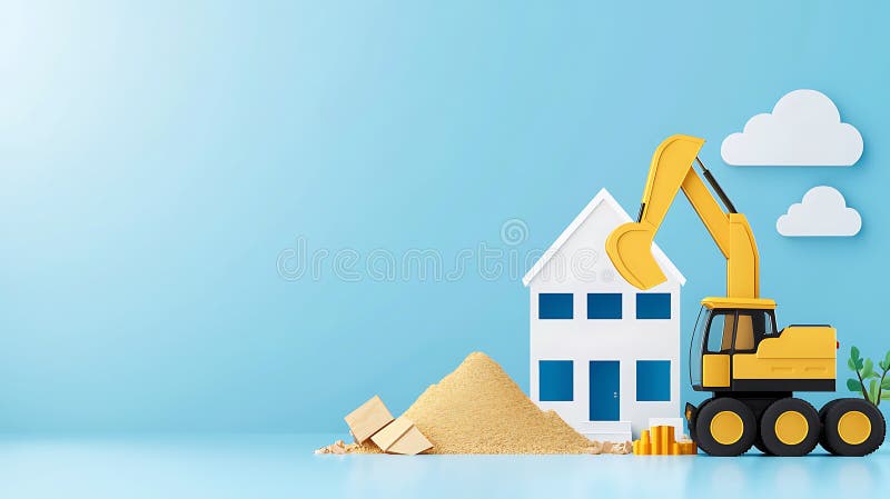 Building Construction Scene with Excavator, Sand, and House Icon Stock ...