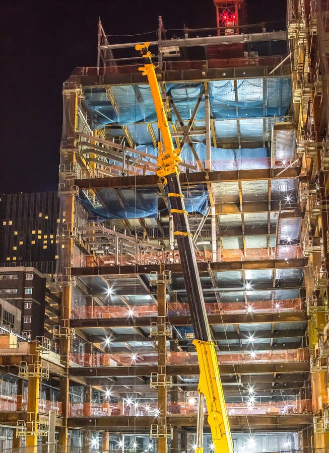 Building Construction Site with Crane at Night Time - Sendai, Miyagi ...