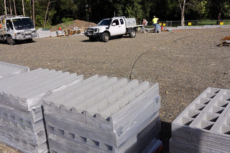 Building Construction Site with Stacks of Cinder Concrete Blocks ...
