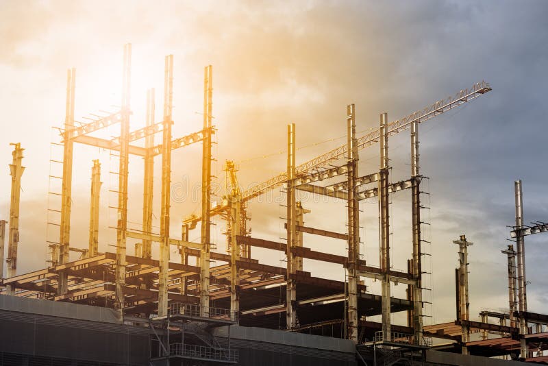 Building Construction Site on Sunset Stock Image - Image of crane, work ...