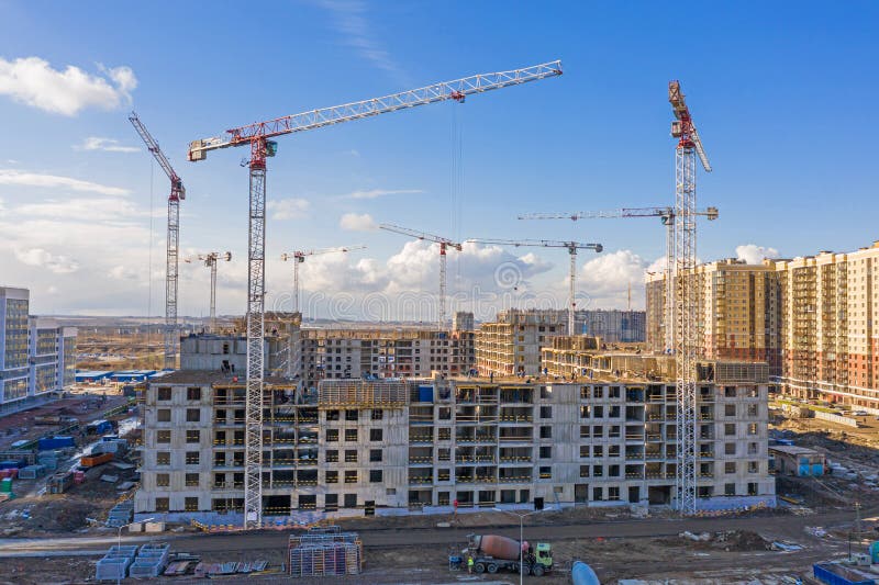 Building Construction Site, Tall Residential Complex and Cranes Stock ...