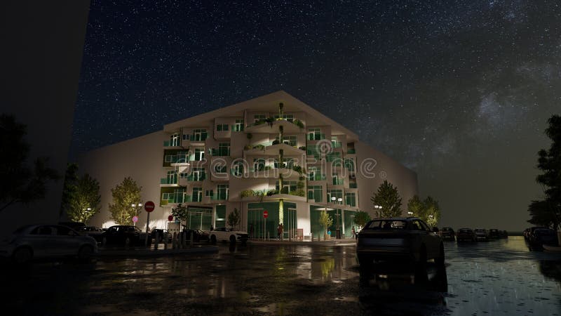 BUILDING 3D RENDER with Green Walls at Night Stock Illustration ...