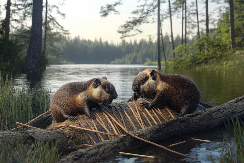 Building a Dam on a Tranquil River with Beavers in the Evening Light ...