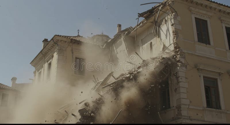 Building Collapsing after Earthquake Disaster with Debris and Dust ...