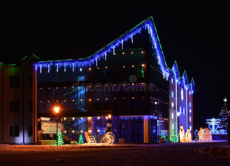 Building Decorated for Christmas and New Year at Night Stock Image ...