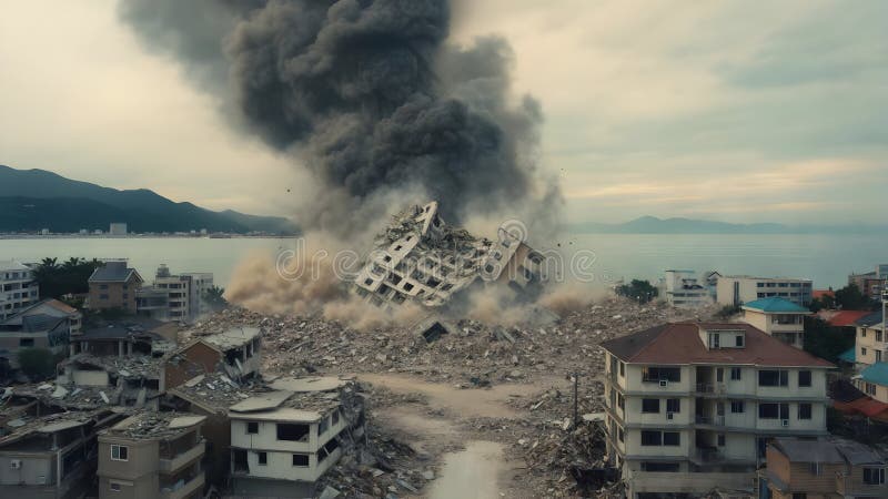 Building Demolition Aftermath with Rubble and Dust Overlooking Skyline ...