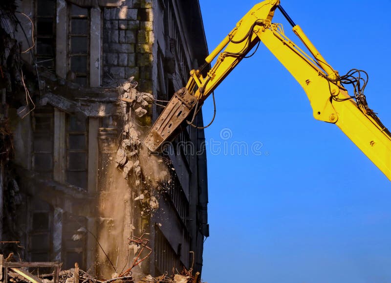 Building Demolition with Excavator Stock Photo - Image of power ...