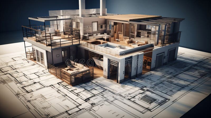 Building Design with Wooden Model and Floor Plans for Construction ...