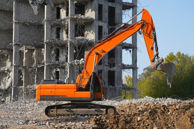 Building Destruction, Demolition of a Building by an Red Excavator ...