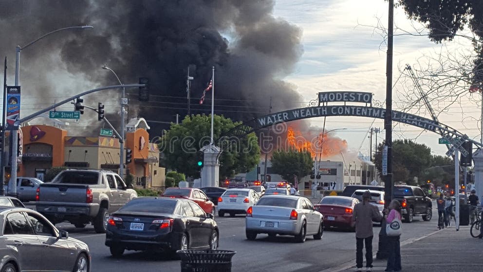 Fire editorial photo. Image of downtown, modesto, california - 129882571
