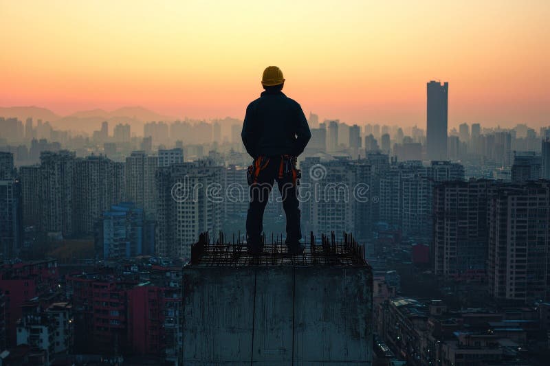 Building Engineer Working at Heights, Suspended Cables, Fall Protection ...