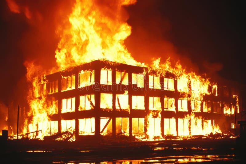 Building Engulfed in Flames at Night, Destructive Fire Incident Stock ...