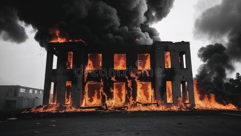 Building Engulfed in Flames, Firefighters Battling Blaze Amidst Smoke ...