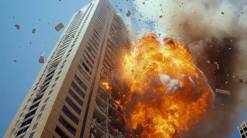 Building Explosion Caused by Shell Impact, Debris and Flames Erupting ...