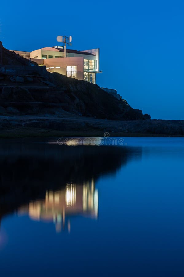 Building Exterior on Cliff at Night Stock Photo - Image of rock, dark ...