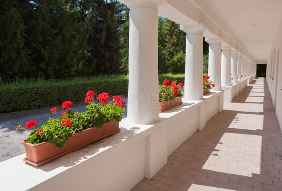 Building Exterior with Geraniums Stock Photo - Image of house, arch ...
