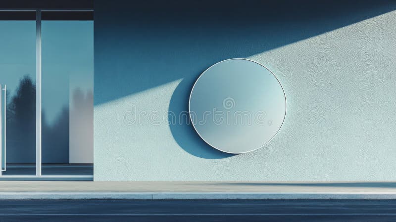 Building Exterior with Round Mirror on Rough Wall in Sunlight on Blue ...