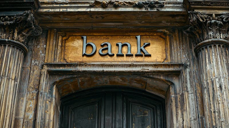 Building Facade with Grand Columns and Bank Sign Symbolizing Trust and ...