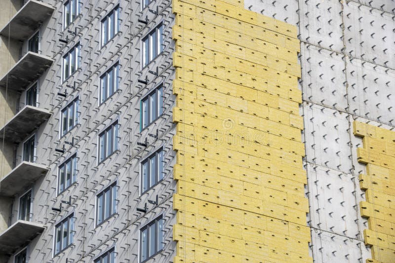 Building Under Construction Ready for Insulation, Blue Sky on the ...