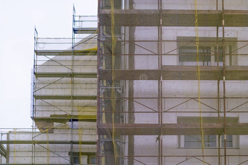 Building Facade Renovation, Old House Reconstruction, Repair. Scaffold ...