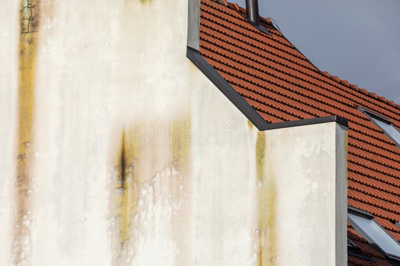 Building Facade with Water Runoff Damage. Roof Stock Image - Image of ...