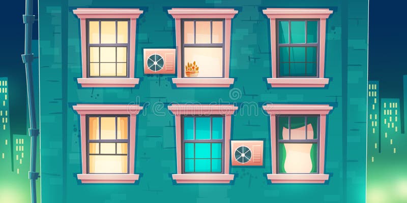 Building Facade with Windows at Night Stock Vector - Illustration of ...