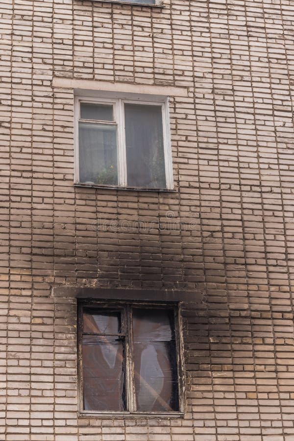 The Building after the Fire. Burned-out Window. Disaster. Soot on the Windows Stock Photo ...