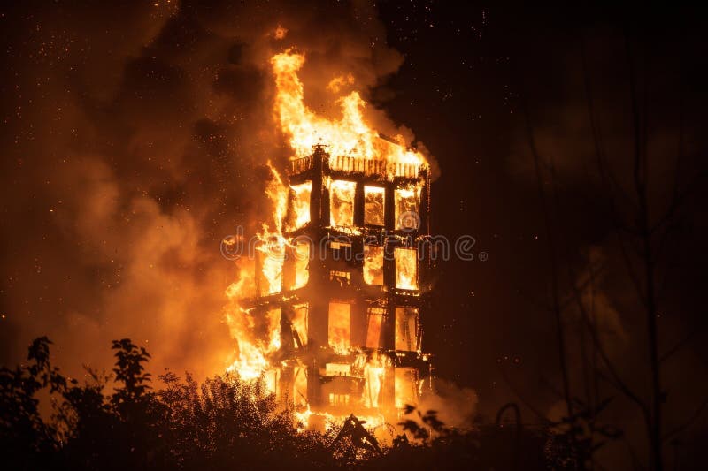 A Building is on Fire at Night, with Flames Rising from the Structure ...