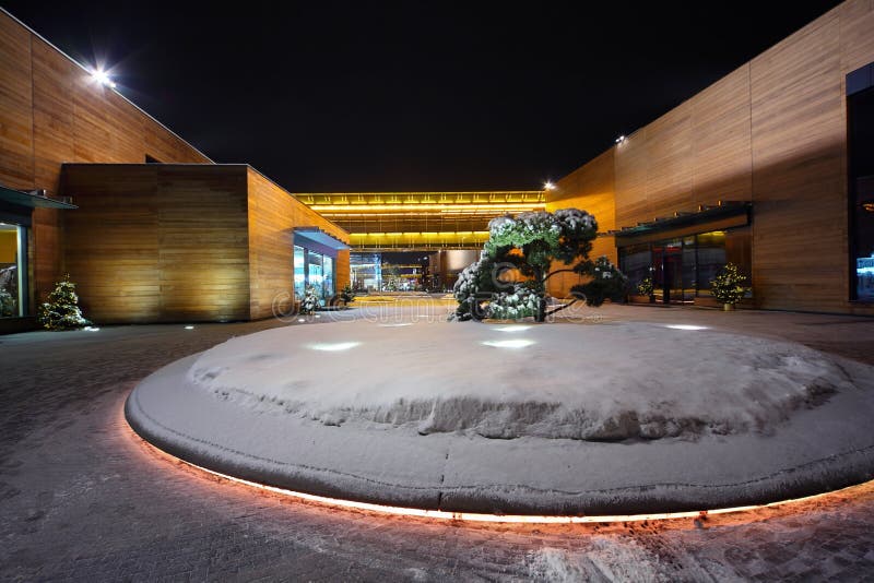 Building with Flowerbed and Fir-tree Stock Photo - Image of boards ...