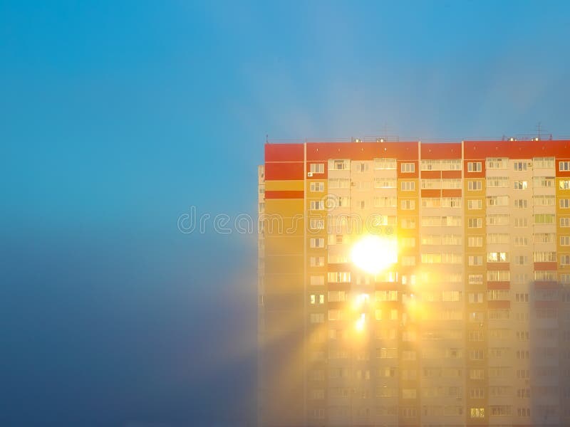 Building in the Fog, Sunrise Stock Image - Image of orange, dawn: 35492113