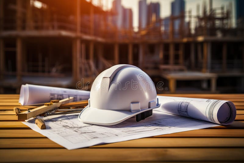 Building Foundations Construction Site, Blueprints, and Safety Helmets ...