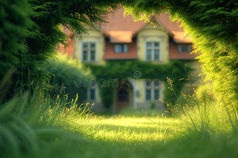 A Building Framed by Lush Green Grass in a Peaceful Setting Stock ...