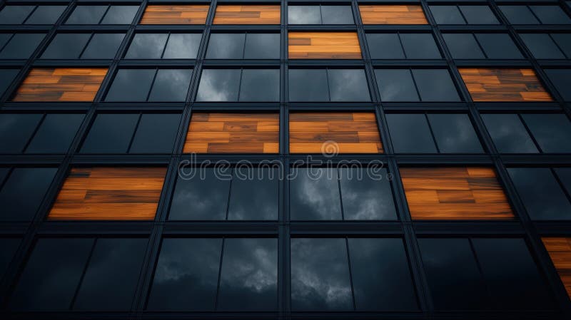 A Building with a Grid of Windows and Wooden Panels. Stock Image ...
