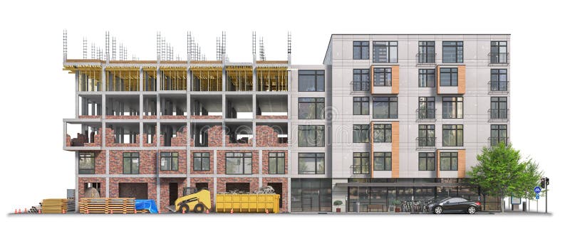 Building in Half of Construction with a Finished Building Facade on ...