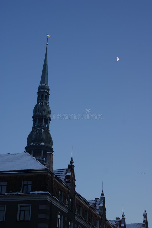 Building and Half Moon in the Evening Stock Photo - Image of winter ...