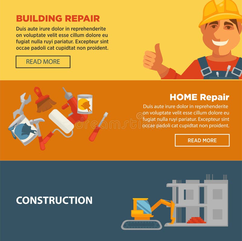 Building and Home Repair Construction Vector Web Banners Set. Equipment ...