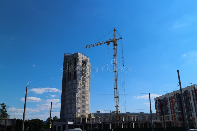Building a House on a Blue Sky Background Stock Photo - Image of meadow ...