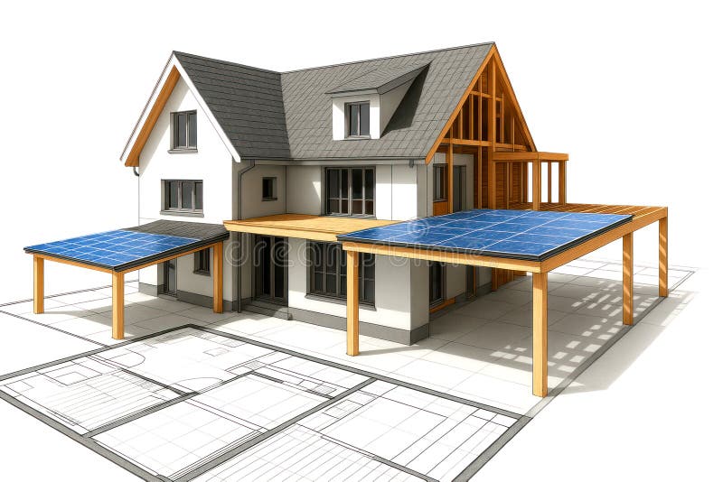 Building House on Blueprints with Carport and Solar Panels ...