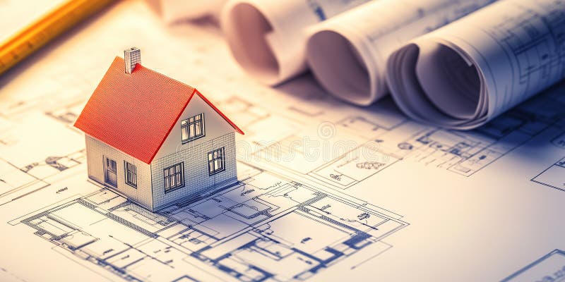 Small 3D Model of a House Standing on Blueprints, Construction Project ...