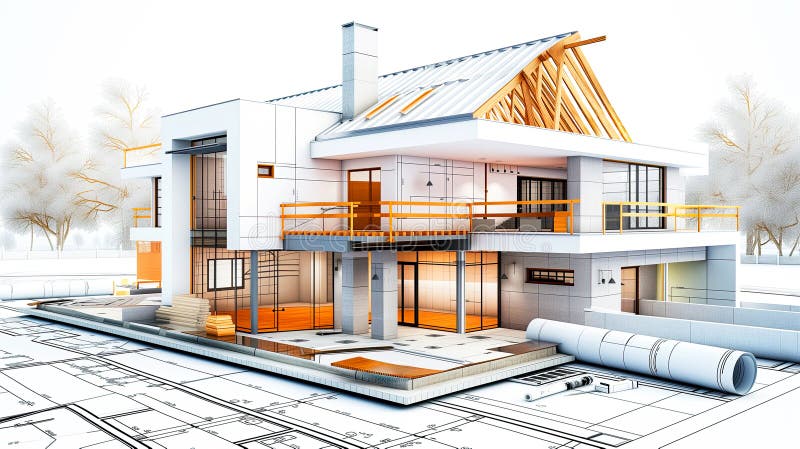 Building House on Blueprints - Construction Project of a Modern House ...