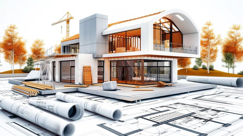 Building House on Blueprints - Construction Project of a Modern House ...