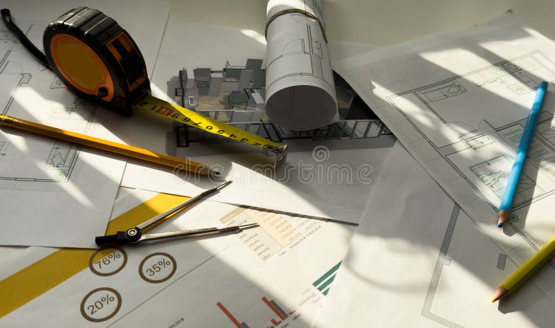 Building House on Blueprints with Worker Construction Project Stock ...