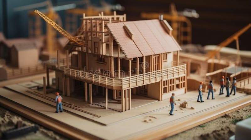 Building House on Blueprints with Worker - Construction Project Stock ...