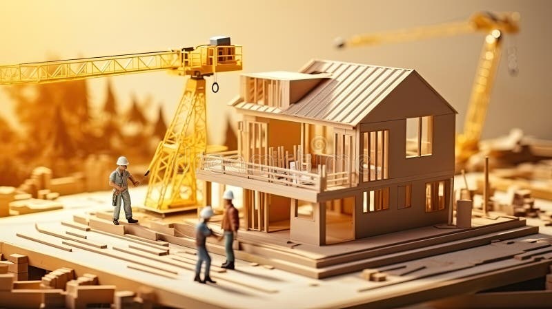 Building House on Blueprints with Worker - Construction Project. Stock Illustration ...