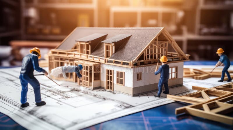 Building House on Blueprints with Worker - Construction Project Stock ...