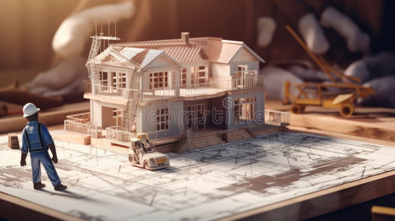 Building House on Blueprints with Worker - Construction Project Stock ...