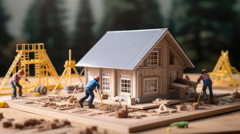 Building House on Blueprints with Worker - Construction Project Stock ...