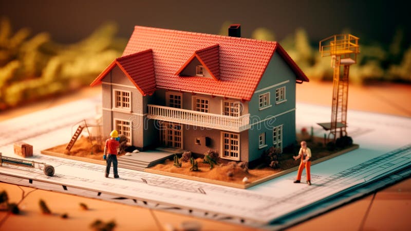 Building House on Blueprints with Worker - Construction Project ...