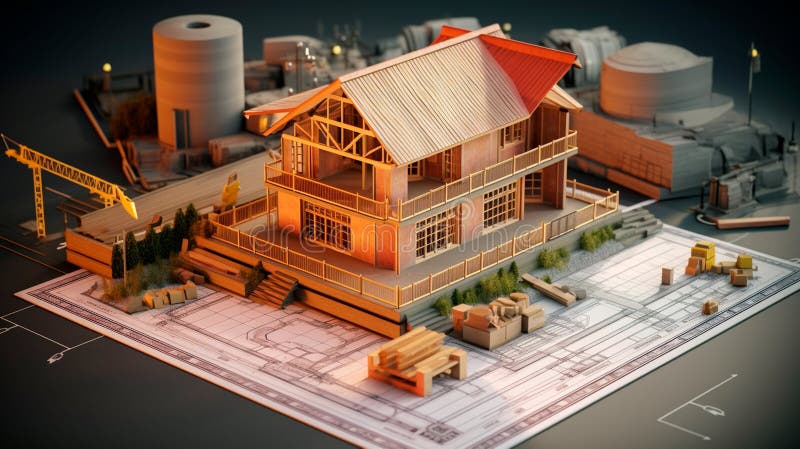 Building House on Blueprints with Worker - Construction Project ...